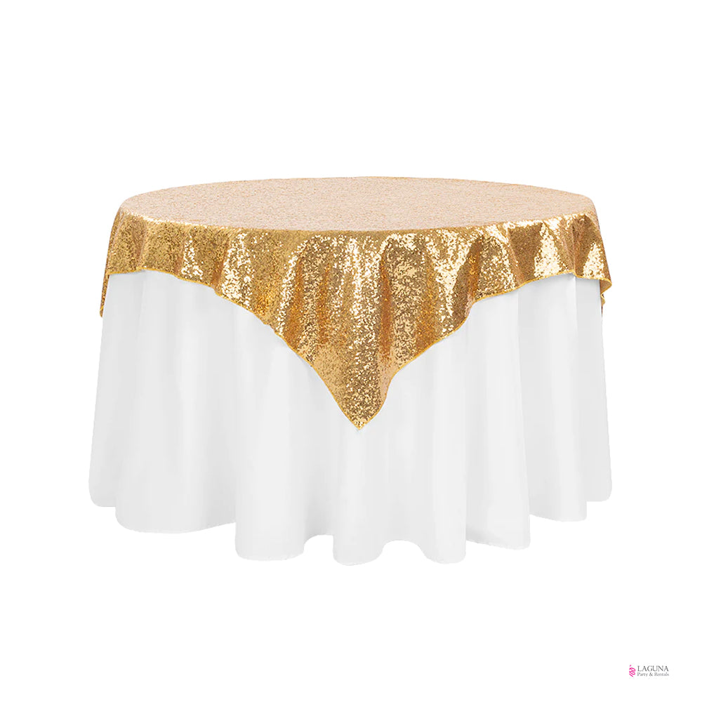 Gold Sequin Table Overlay – Event Linen Rental
